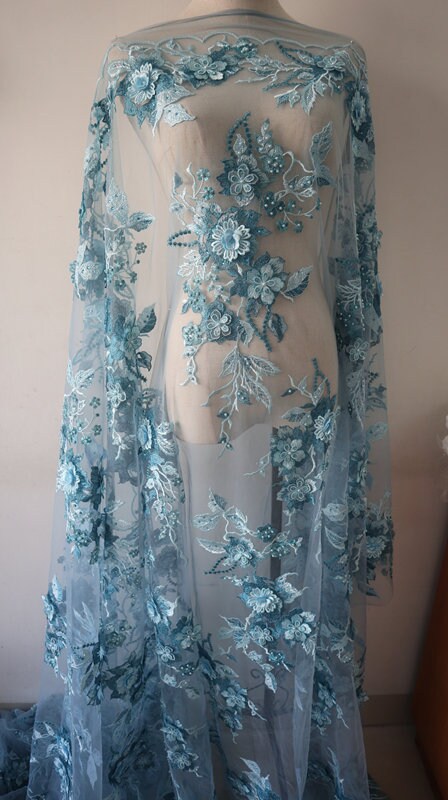 Light Lake Blue 3D Flowers Lace Fabric by the Yard, 3D Beaded ...