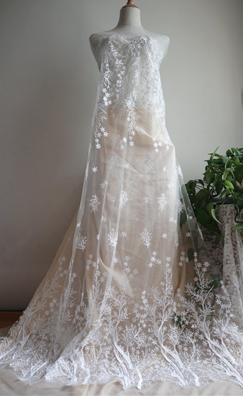 Ivory quality lace fabric snow floral tree style embroidered | Etsy