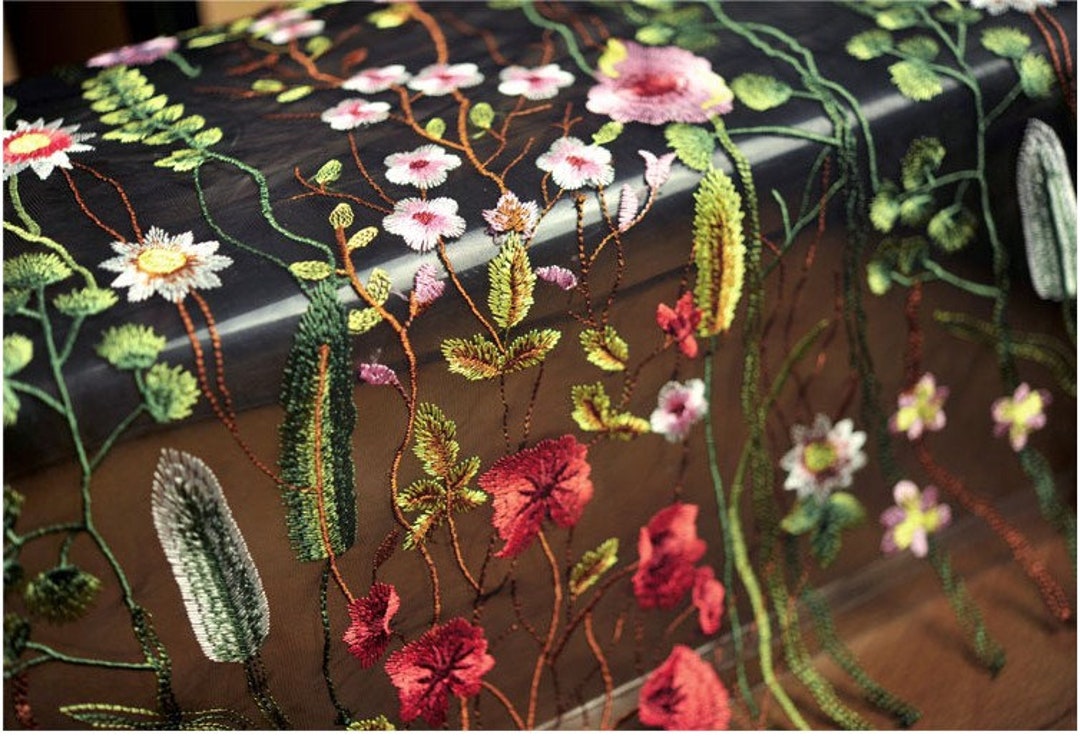 Multi Colors Heavy Embroidered Floral Lace Fabric, Mesh Embroidery Lace ...