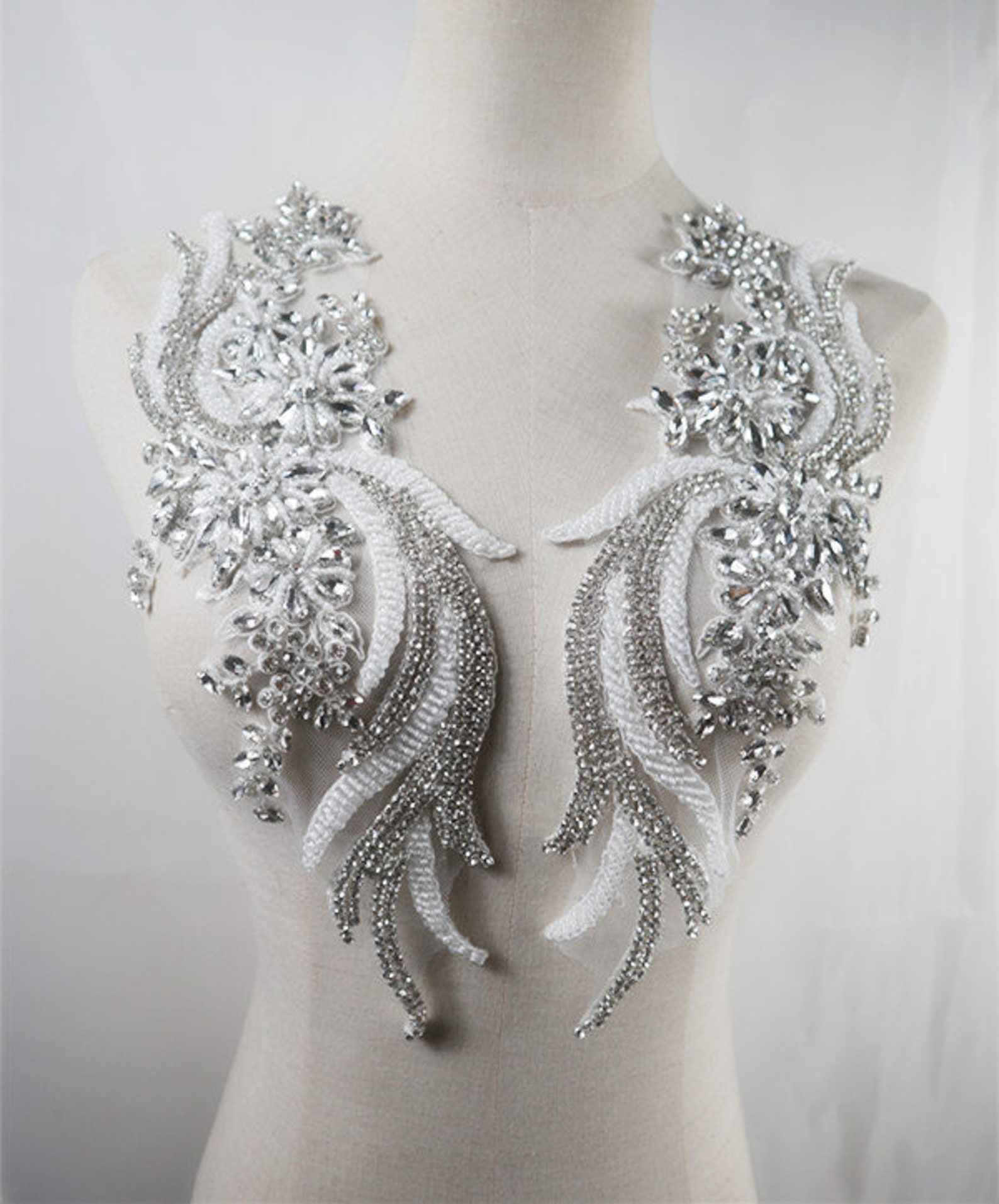 Luxury White & Silver Rhinestone Applique, 3D Beaded Shoulder Collar ...
