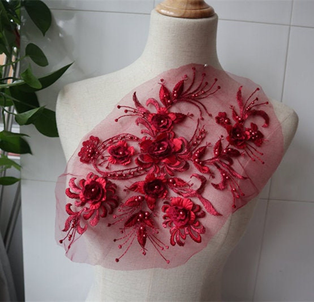 Dark Red 3D Flowers Lace Appliques, Bridal Lace Appliques With 3D ...