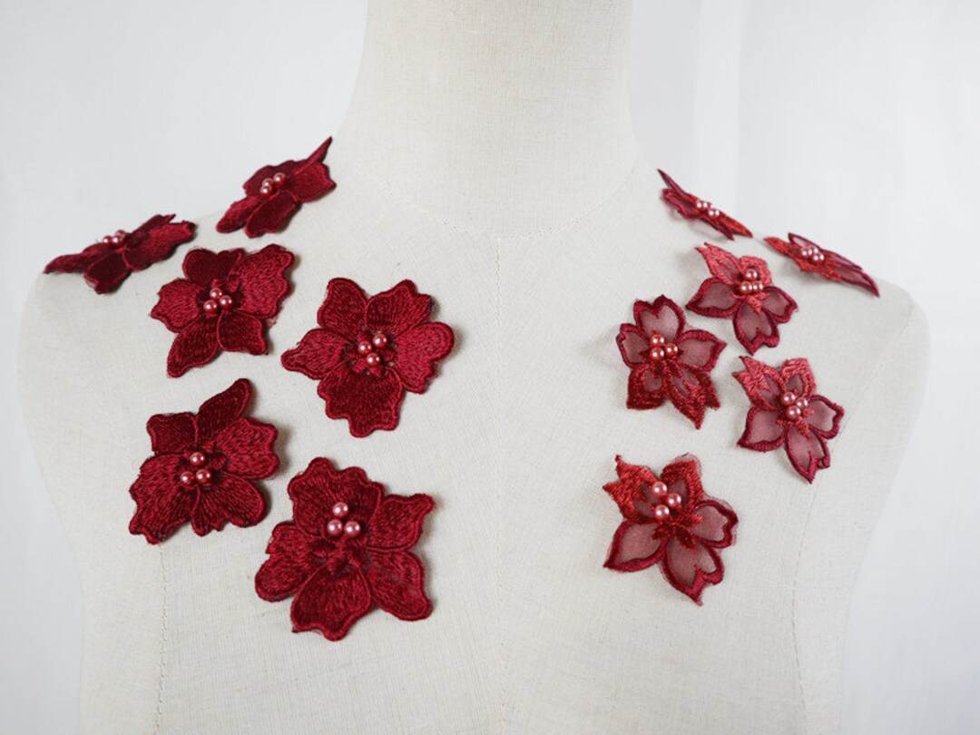 Dark Red Beaded Flowers, Lace Flower, 3D Beads Patches, Handmade Lace ...