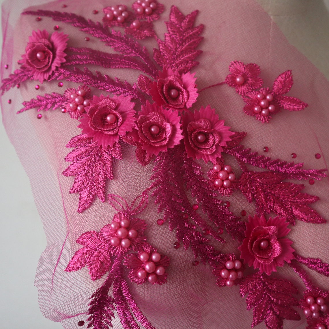 Tejido de encaje de flores 3D rosa caliente applique bordado - Etsy España