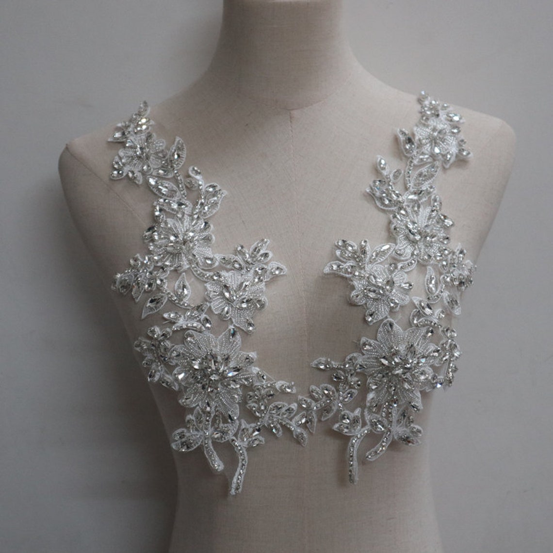 Heavy beaded lace rhinestone applique pair shoulder front | Etsy