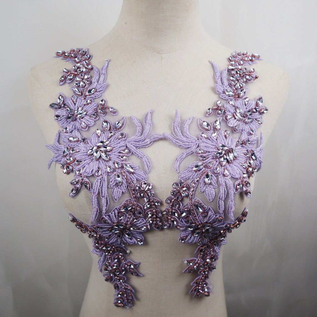 Light Purple Rhinestone Beaded Appliques, French Shoulder Collar Bodice ...