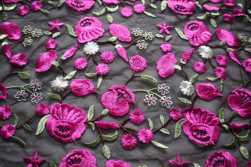 Hot pink embroidered lace fabric fuchsia pink embroidery | Etsy