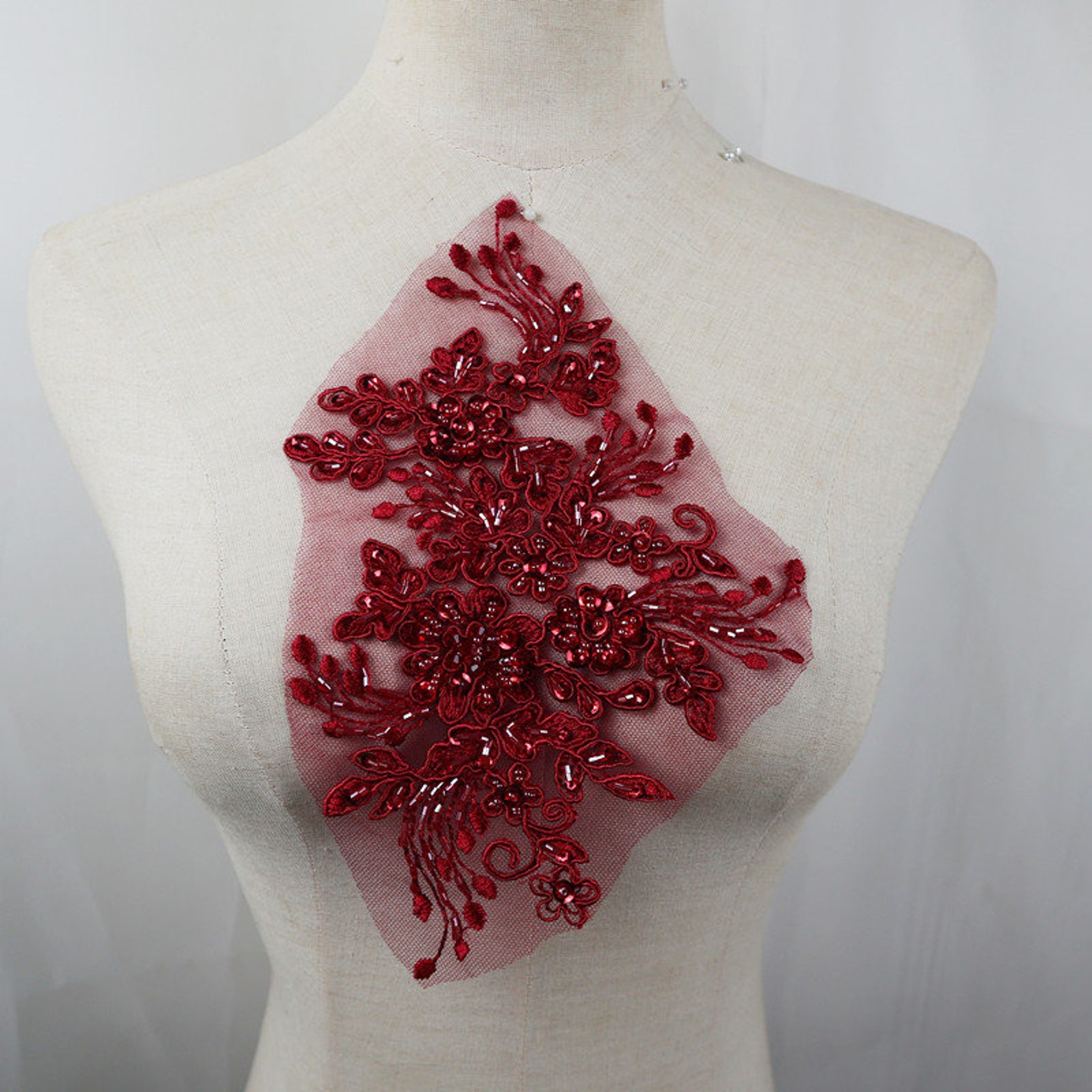 Dark Red Alencon Beaded Lace Applique, Beaded Lace Patches for Bridal ...