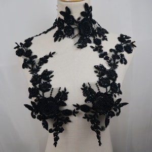 Black Heavy Beaded Sequins Lace Flowers Applique in Pairs, Gray Flower ...