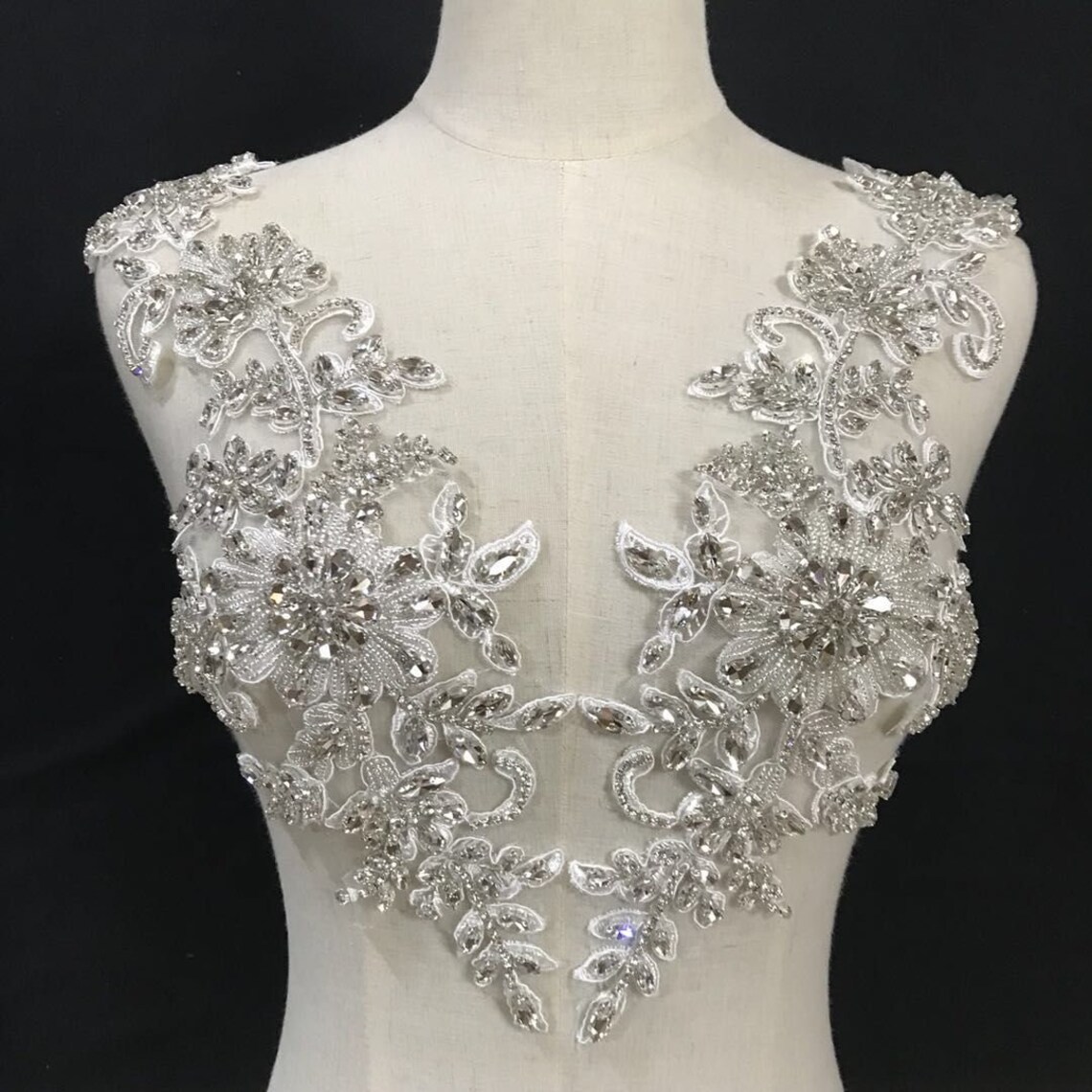 Silver Rhinestone Applique Pair, Shoulder Front Collar Bodice Handcraft ...