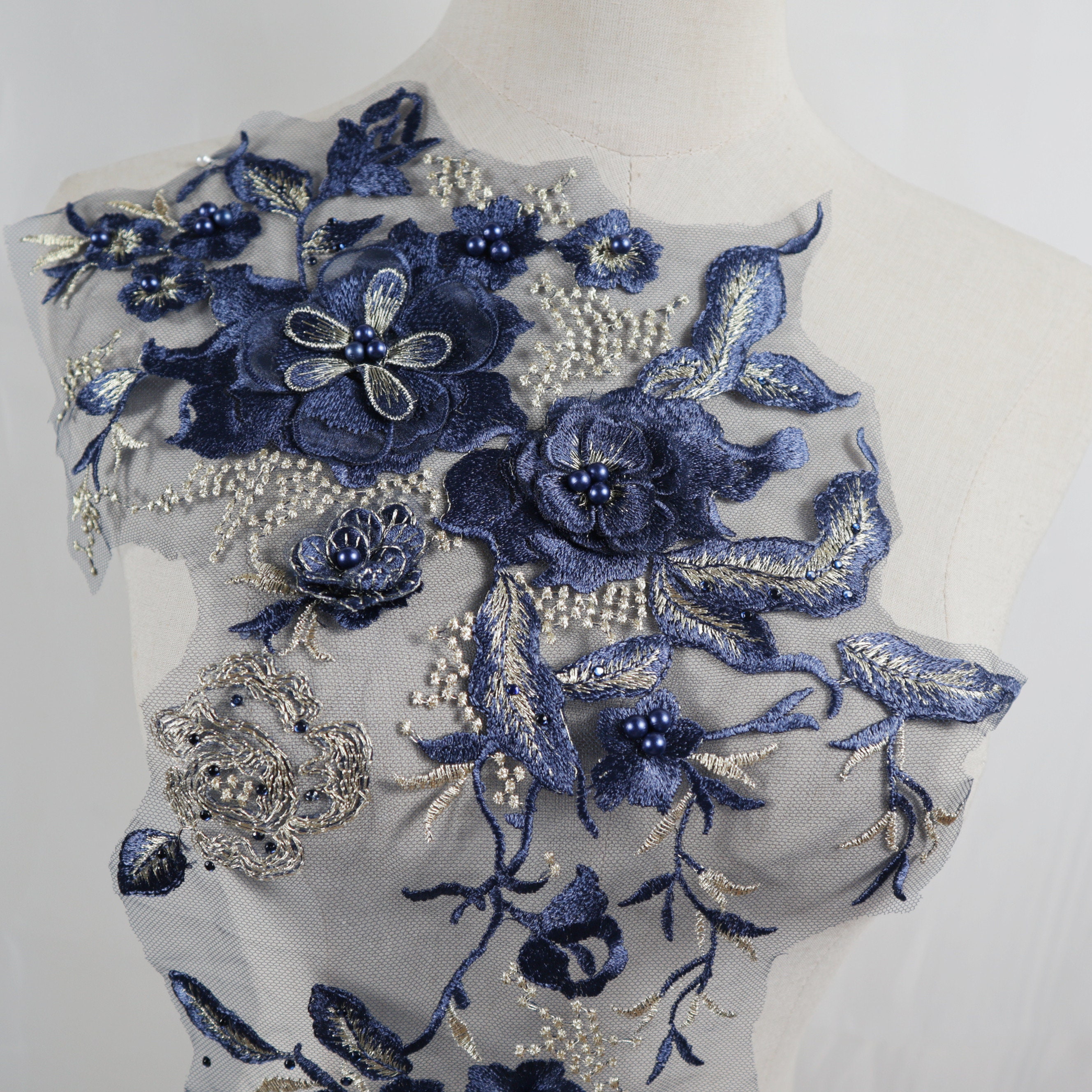 Dark Blue Delicate 3D Flower Appliques, Navy Blue Embroidered Beaded ...