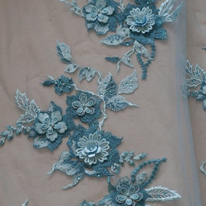Light Lake Blue 3D Flowers Lace Fabric by the Yard, 3D Beaded ...