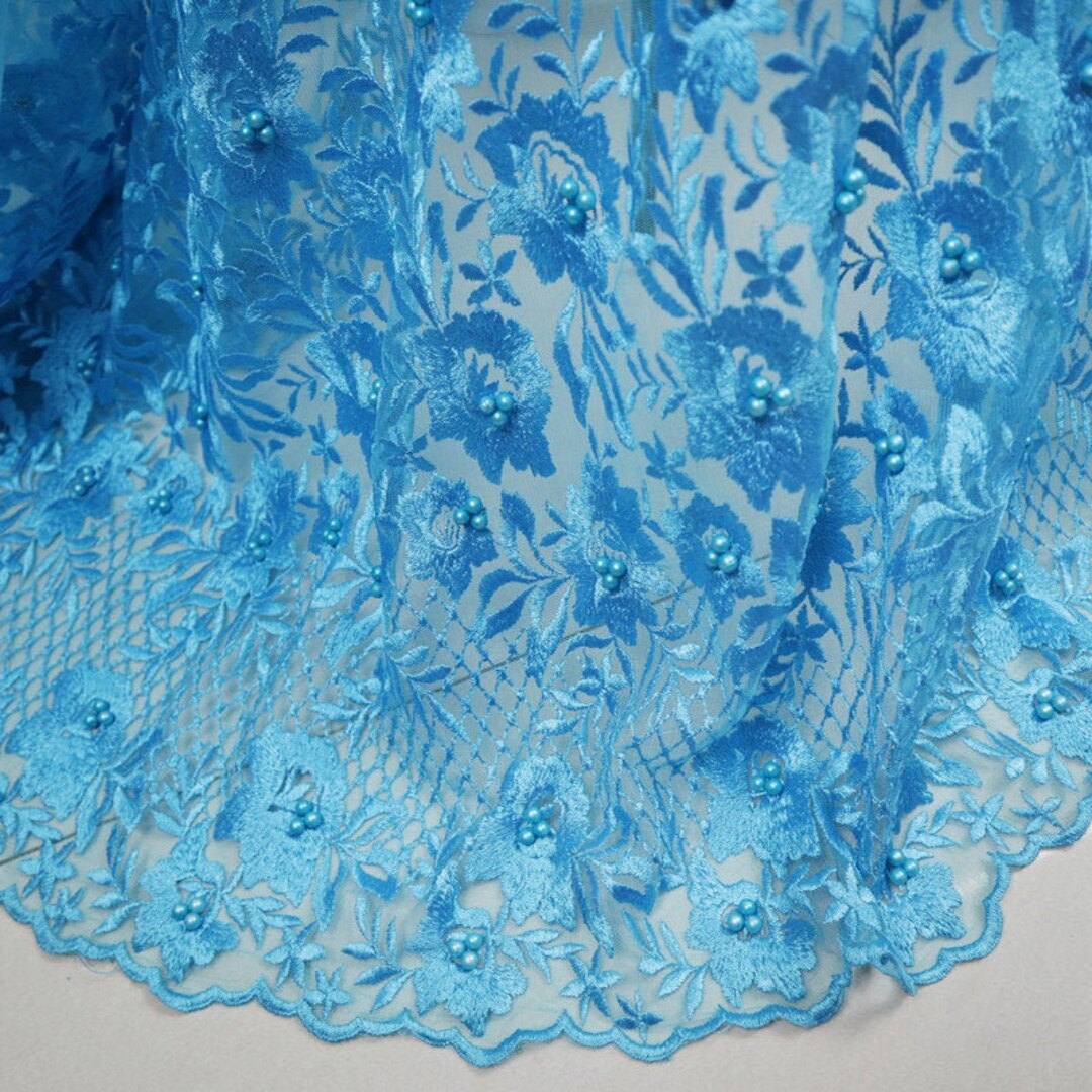 Lake Blue Embroidered Lace Fabric, Lanverdar Purple Embroidery Floral ...