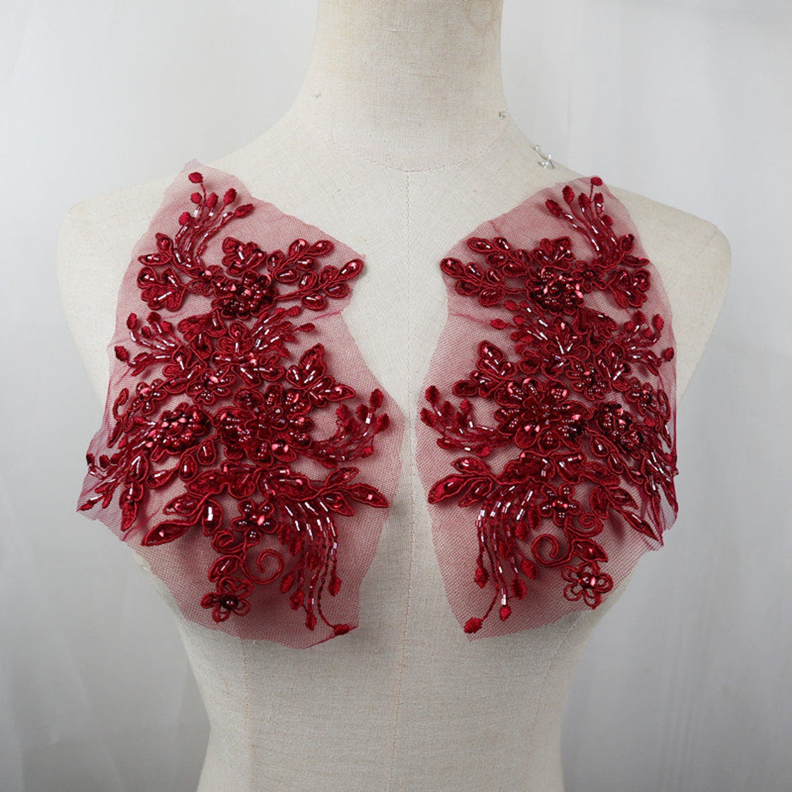 Dark Red Alencon Beaded Lace Applique, Beaded Lace Patches for Bridal ...