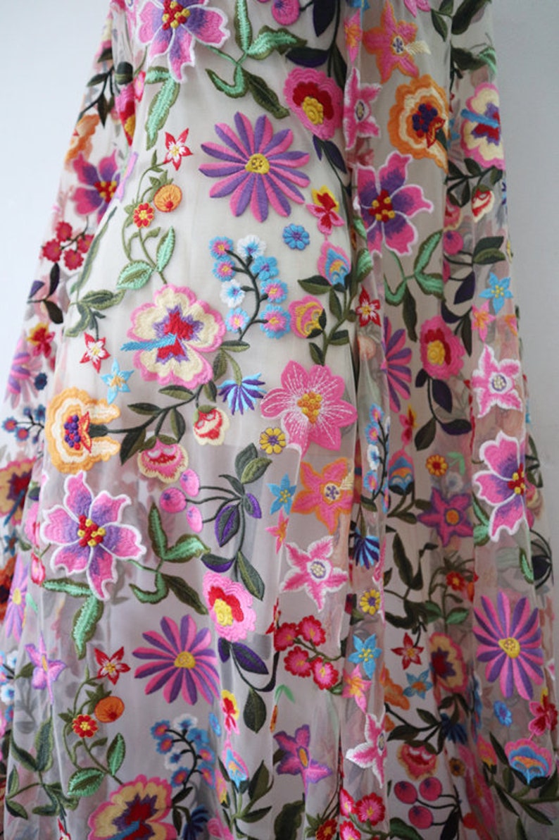 Multi Colors Heavy Embroidered Floral and Butterfly Lace Fabric, Mesh ...