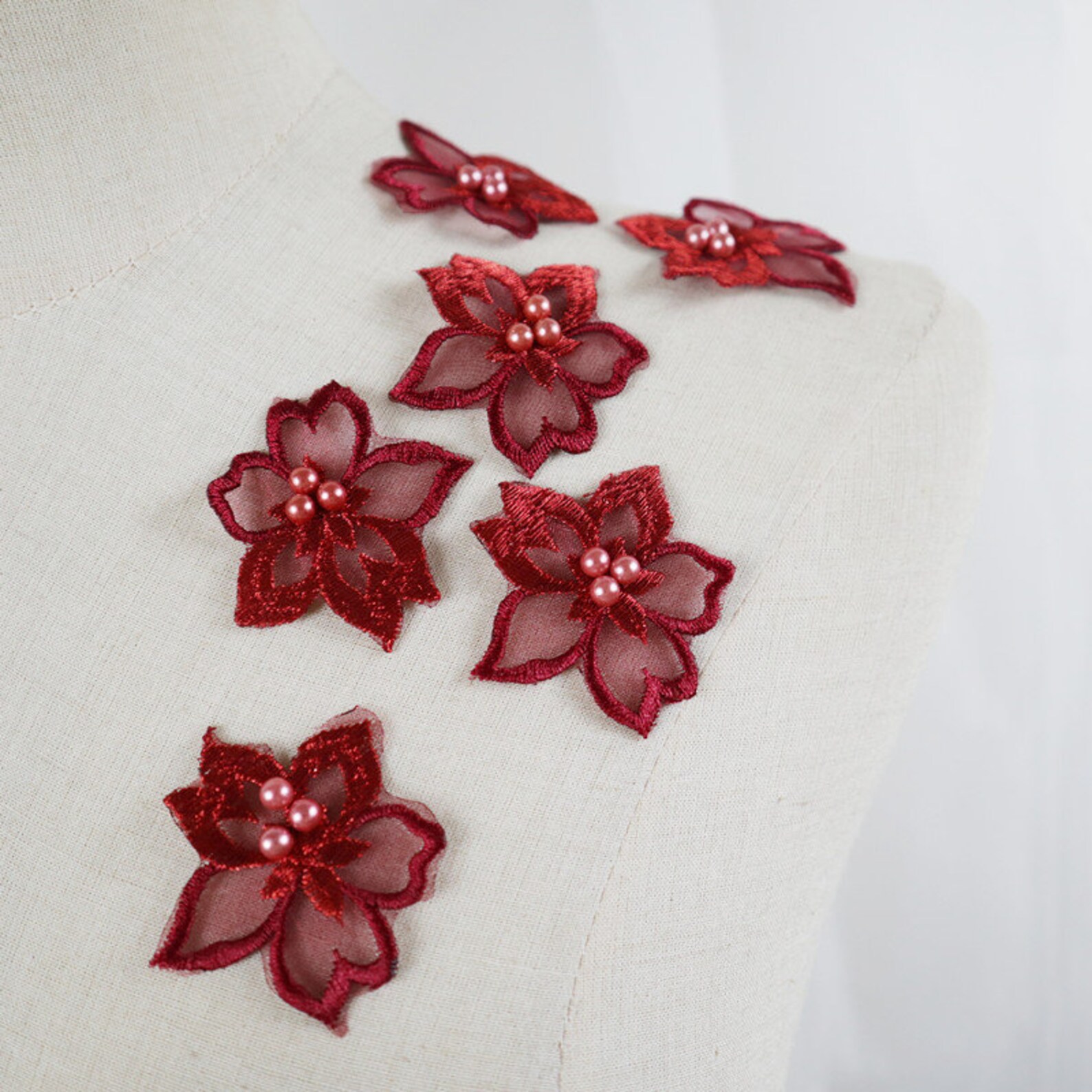 Dark Red Beaded Flowers, Lace Flower, 3D Beads Patches, Handmade Lace ...
