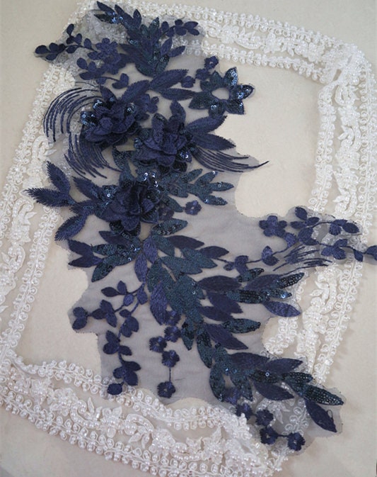 Big size dark blue navy 3D flower lace applique 3D | Etsy