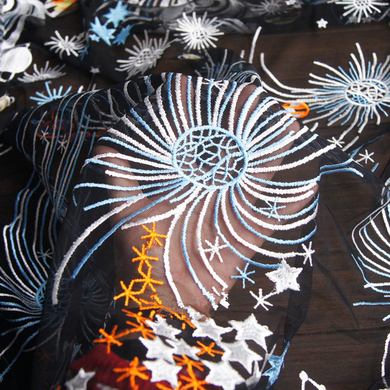 Mix colorful embroidered Starry sky floral lace fabric black | Etsy