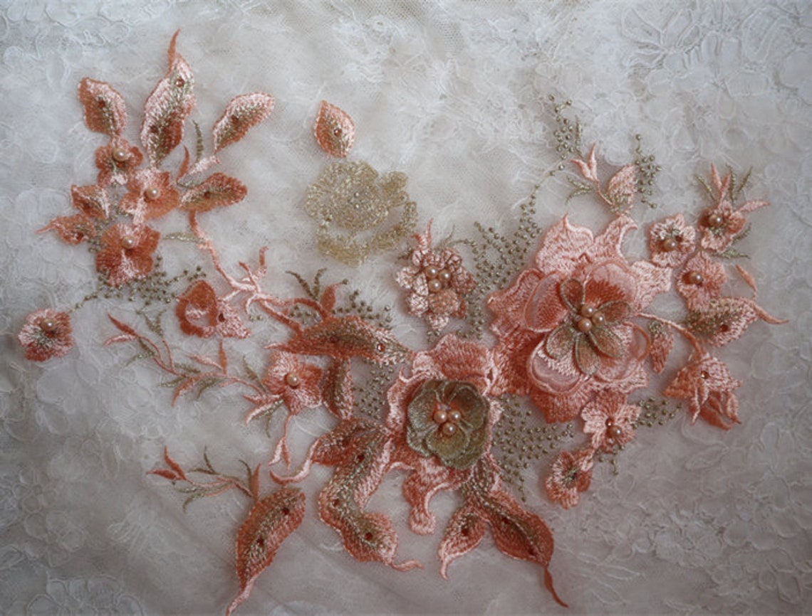 3D Peach Rose Flowers Lace Applique 3D Floral Embroidered | Etsy