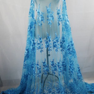 Lake Blue Embroidered Lace Fabric, Lanverdar Purple Embroidery Floral ...