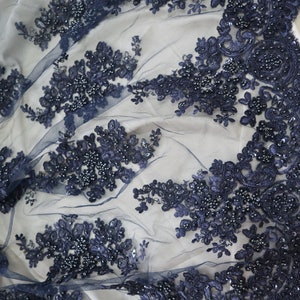 Luxury Dark Blue Heavy Beaded Lace Fabric by the Yard, Navy Bridal Lace ...