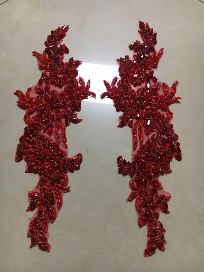 Luxury red rhinestone beaded applique 3D beaded shoulder | Etsy