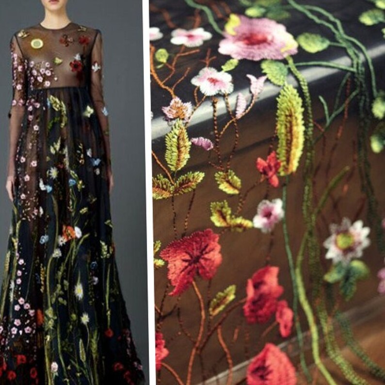 Multi Colors Heavy Embroidered Floral Lace Fabric, Mesh Embroidery Lace ...