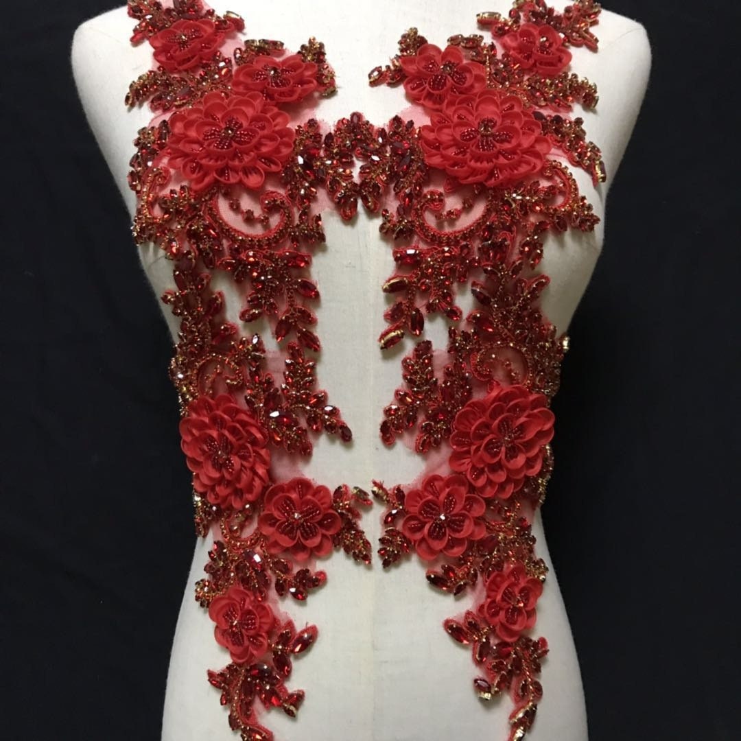 3D Red Rhinestone Applique, Crystal Beaded Lace Shoulder Collar Bodice ...