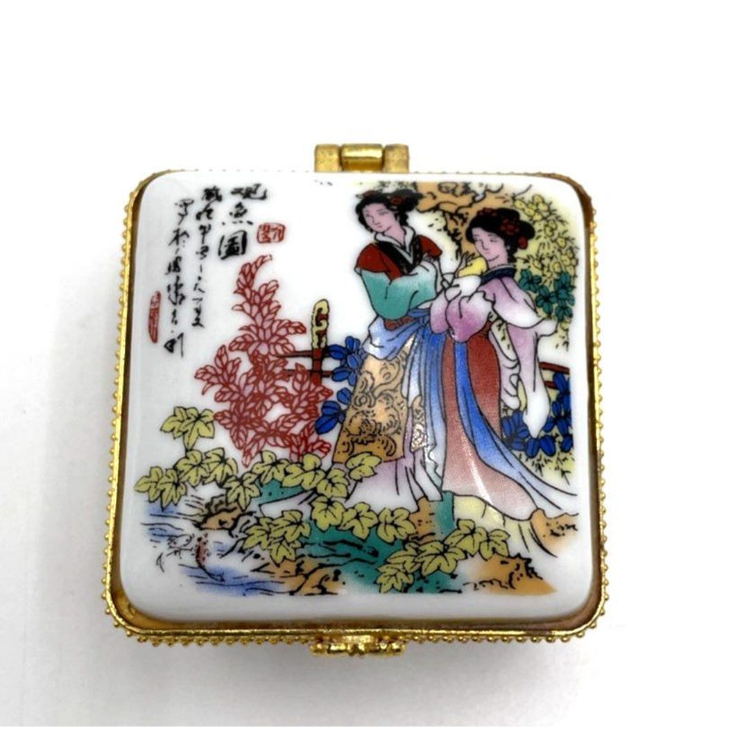 Vintage Japanese Porcelain Trinket Box With Designs & Gold-tone Accents ...