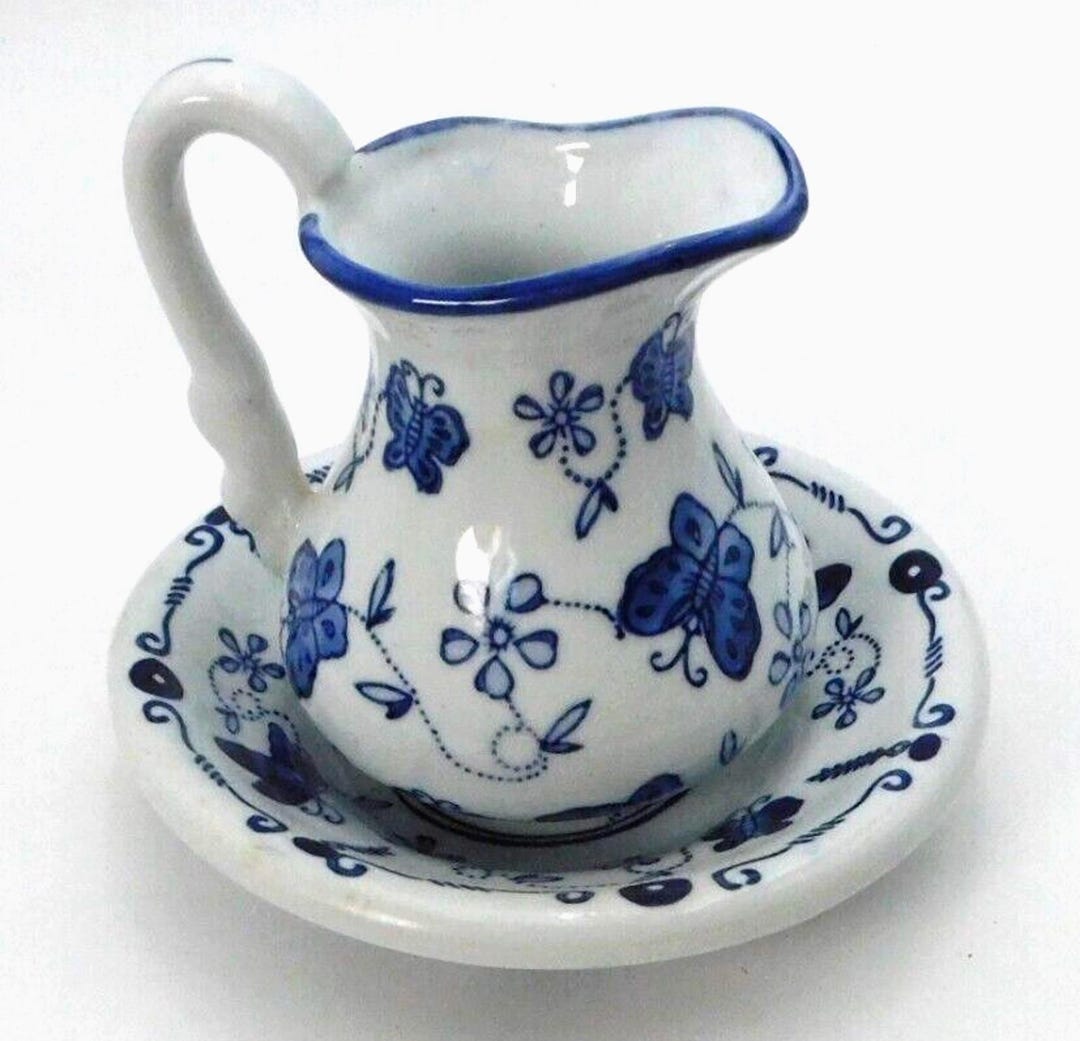 Vtg Mini Blue and White Water Pitcher & Wash Basin Ceramic Butterflies ...