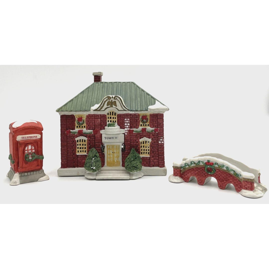 Christmas Village Lighted Town Hall Porcelain House W/ Cord Bridge ...