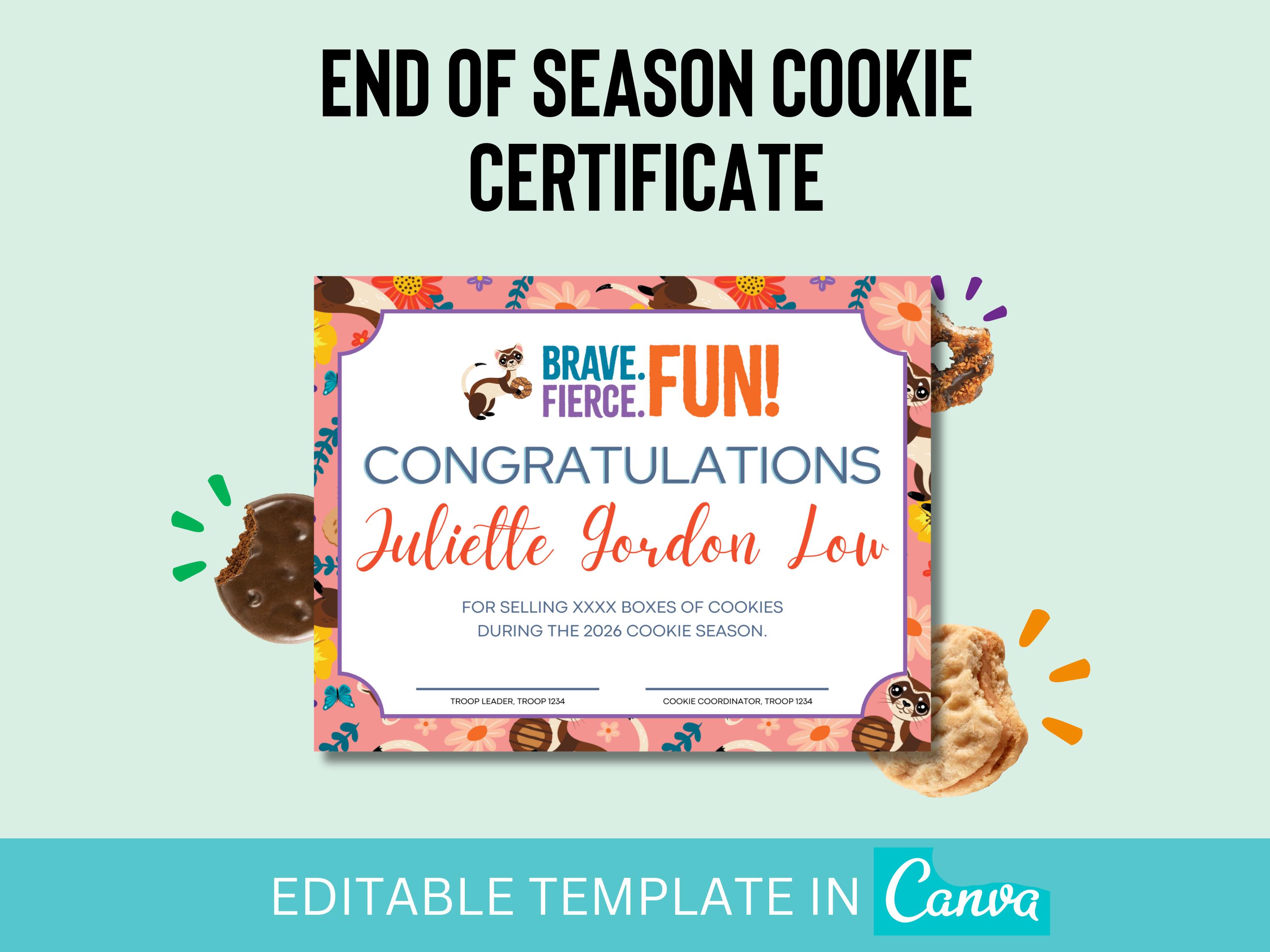 Girl Scout Cookie Certificate End of Season Digital Template Canva - Etsy