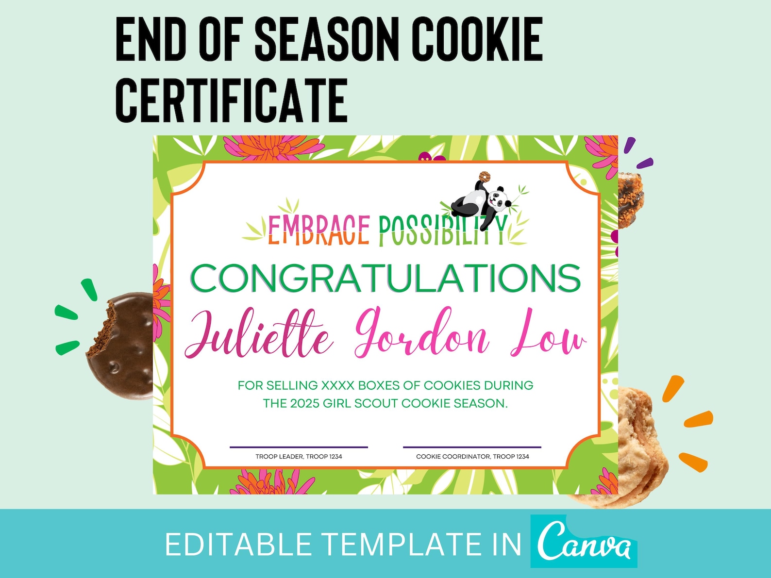 Girl Scout Cookie Certificate End of Season Digital Template Canva - Etsy