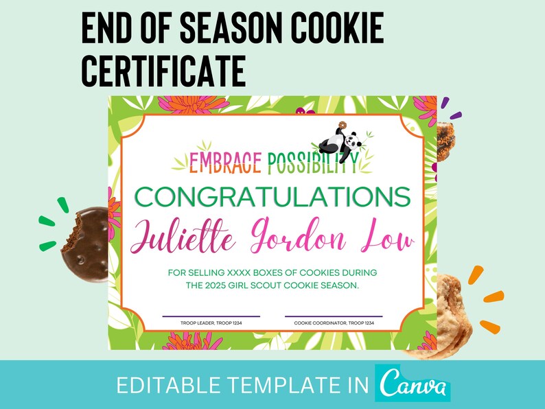 Girl Scout Cookie Certificate End of Season Digital Template Canva - Etsy