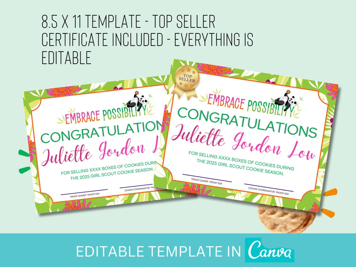 Girl Scout Cookie Certificate End of Season Digital Template Canva - Etsy