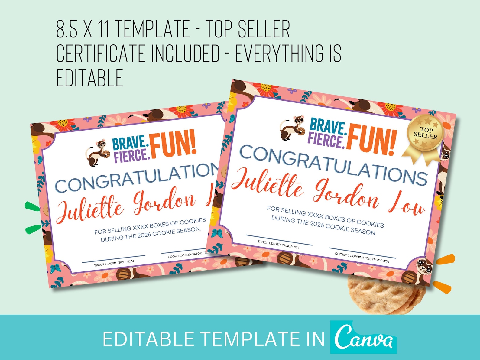 Girl Scout Cookie Certificate End of Season Digital Template Canva - Etsy