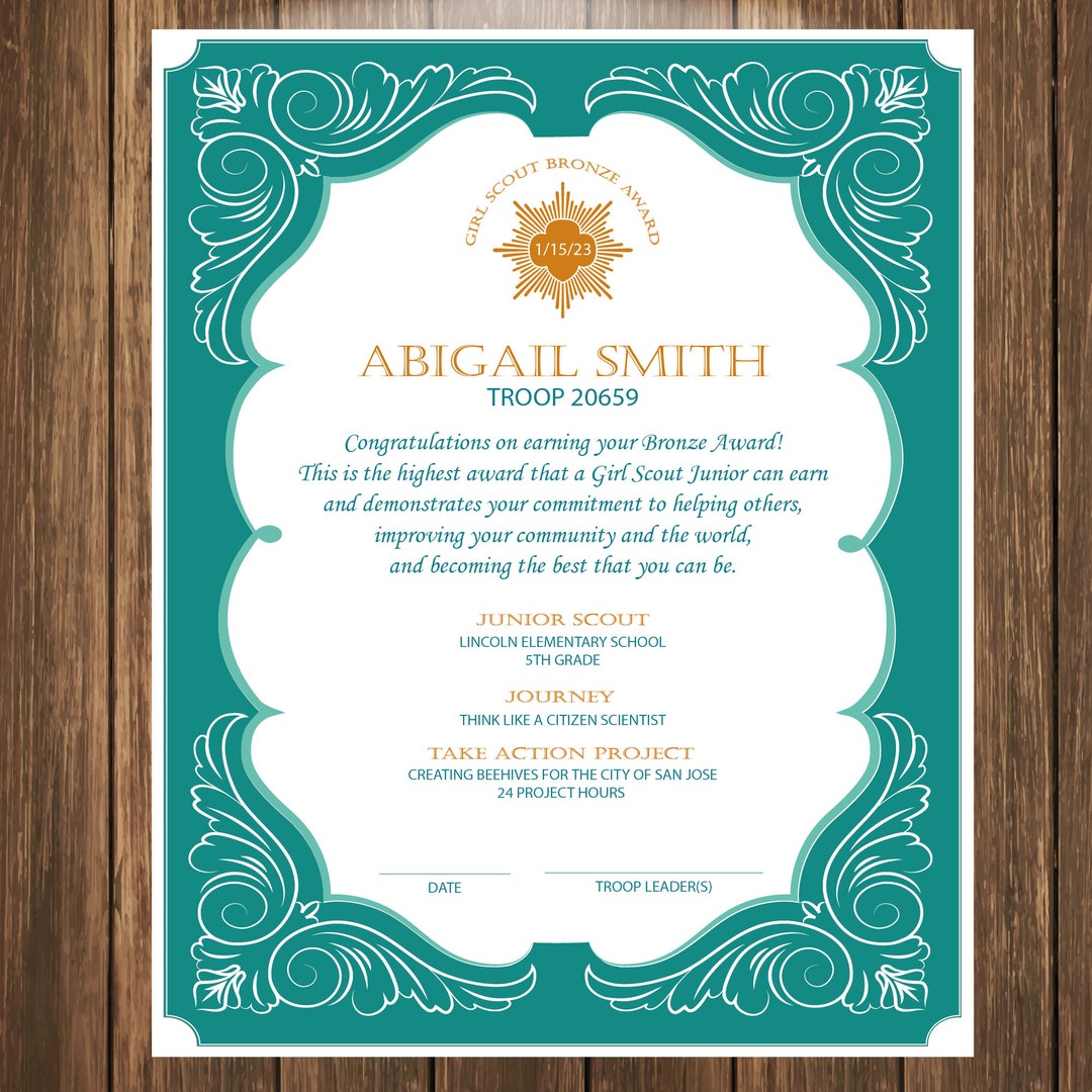 Girl Scout Bronze Award Certificate, Troop Leader Printable - Etsy