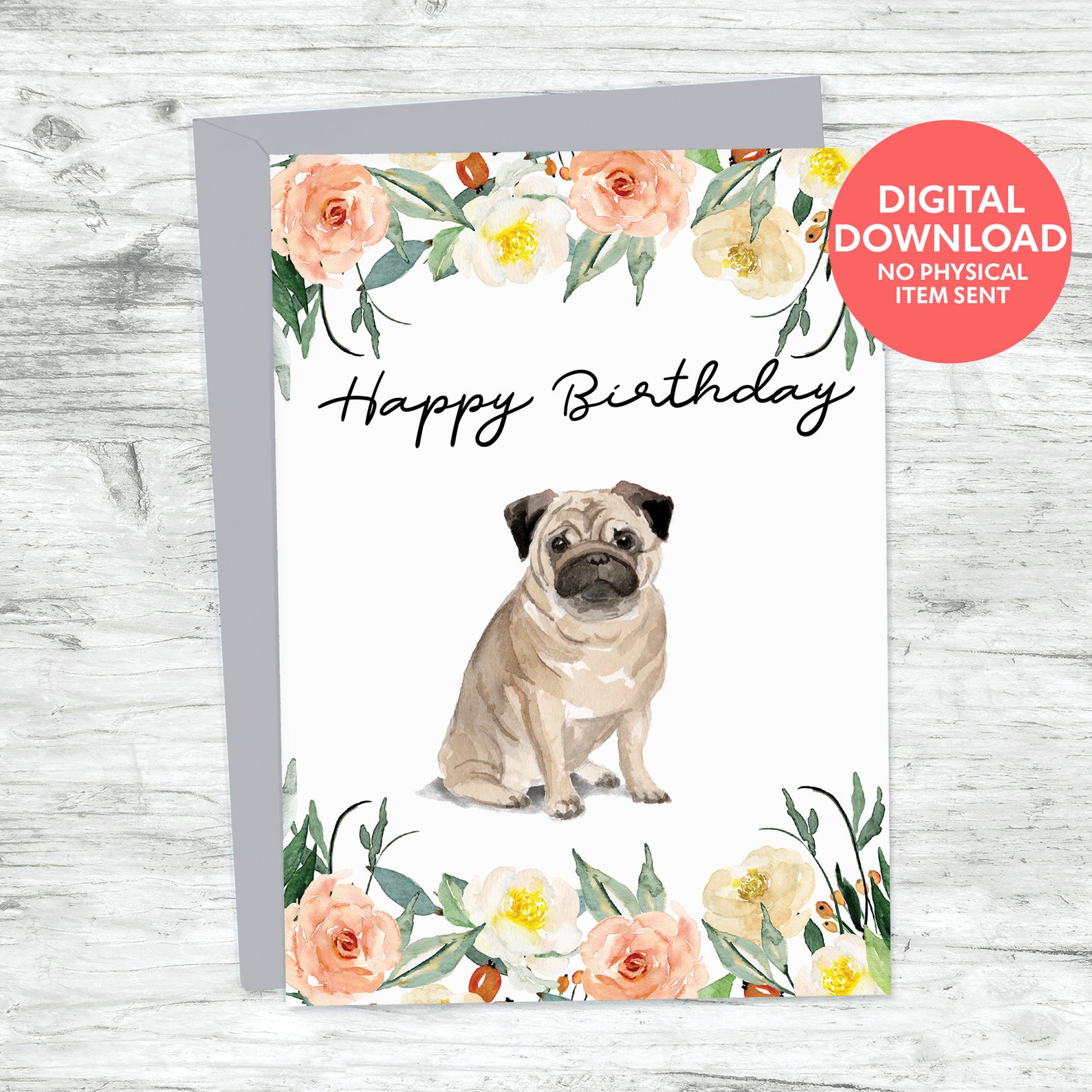 Pug Dog Happy Birthday Printable Card | Etsy