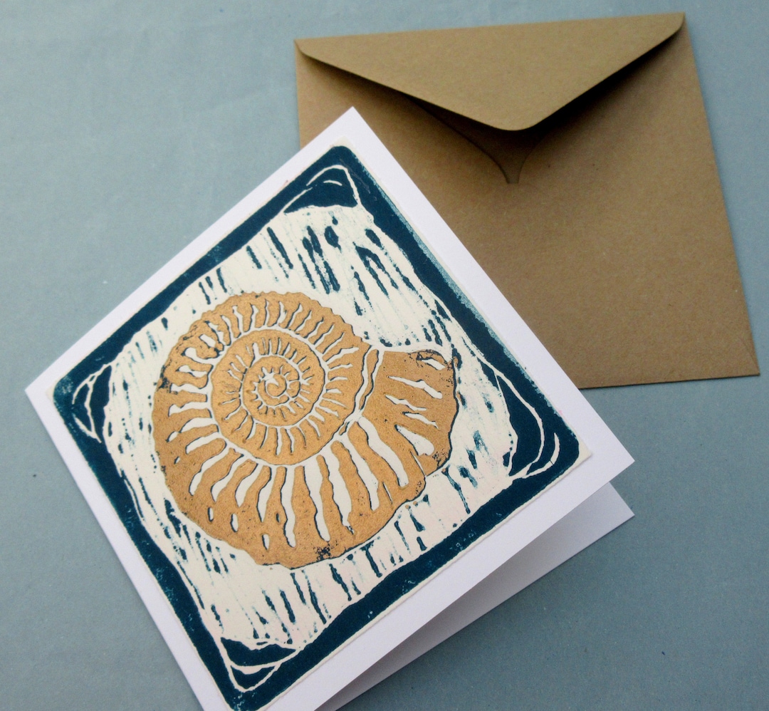 Ammonite in Gold on Sea Green Background - Greetings Card - Original ...