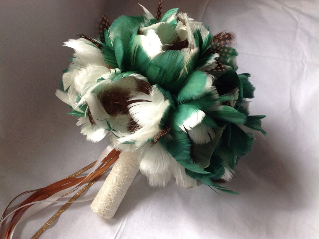 Bridal Bouquet, Feather Wedding Bouquet, Emerald/ivory Bouquet, Vintage ...