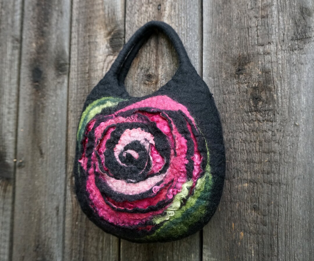 Small Felt Hand Bag, Felted Bag With a 3D Rose Flower, Hand-held Purse ...