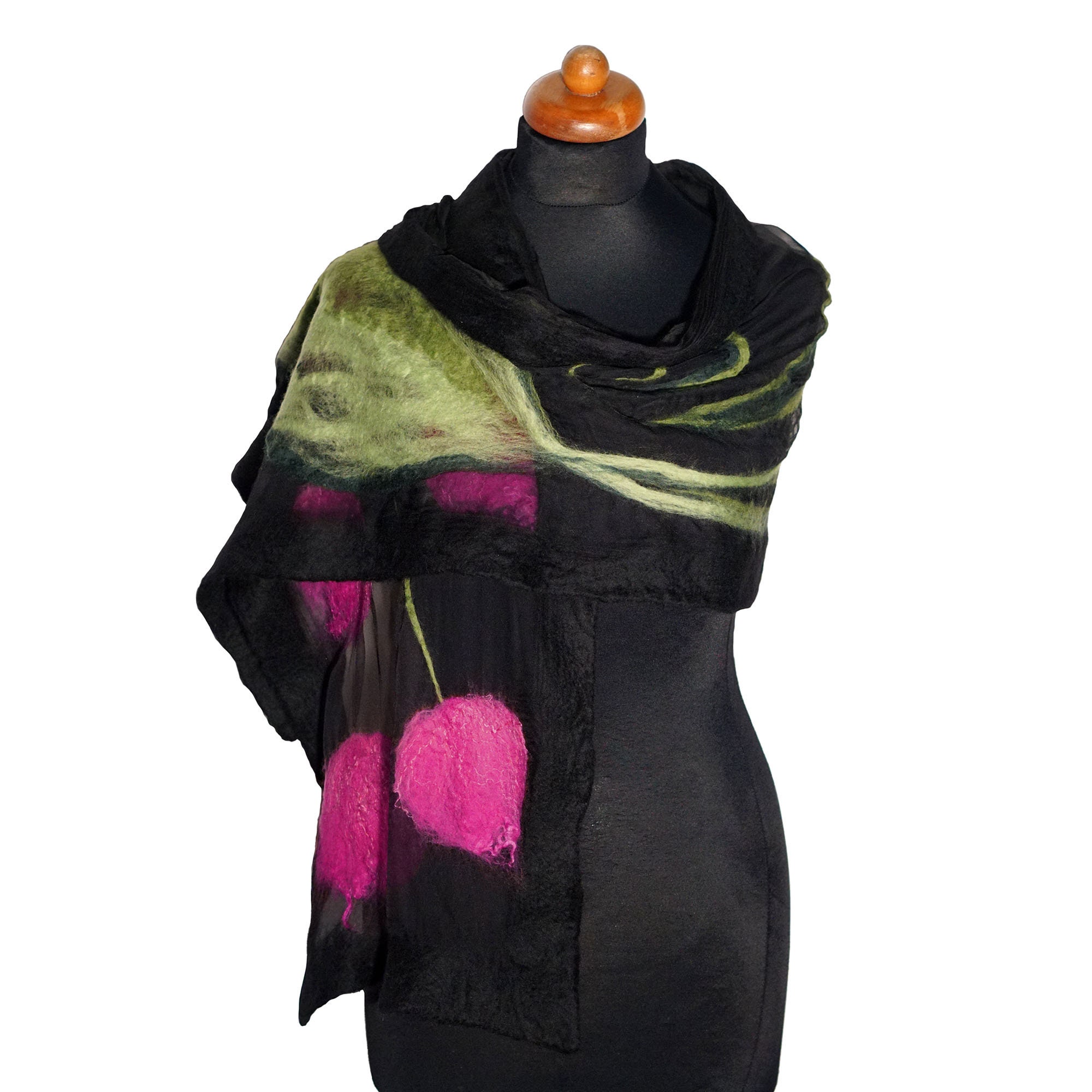Silk Felt Spring Scarf With Tulips Nuno Felting Shawl Black - Etsy