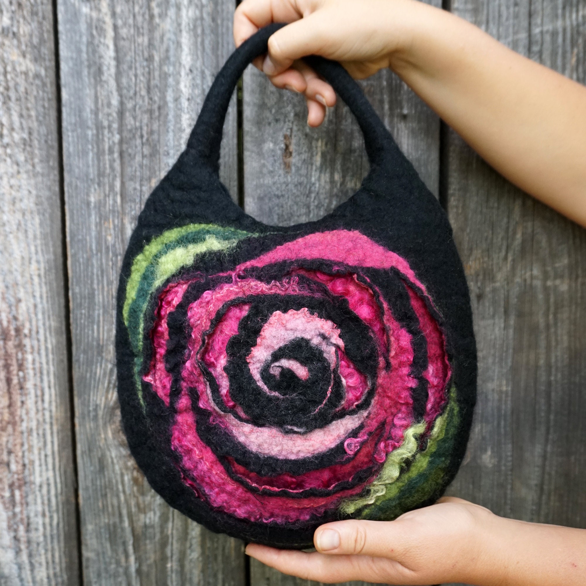 Small Felt Hand Bag, Felted Bag With a 3D Rose Flower, Hand-held Purse ...