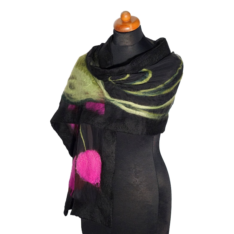 Silk Felt Spring Scarf With Tulips Nuno Felting Shawl Black - Etsy