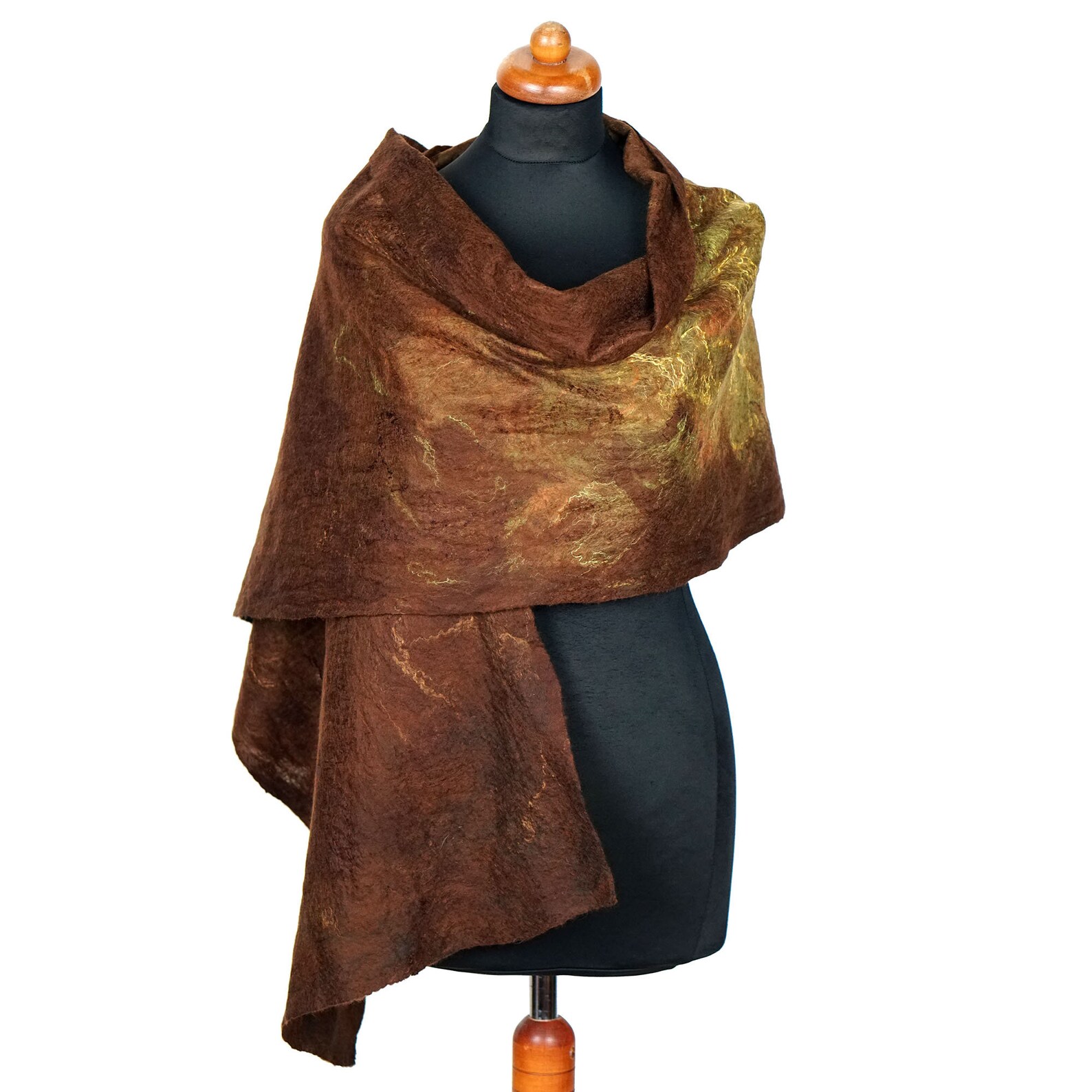 Silk Felt Scarf Brown Olive Green and Gold Felt Shawl Hand - Etsy