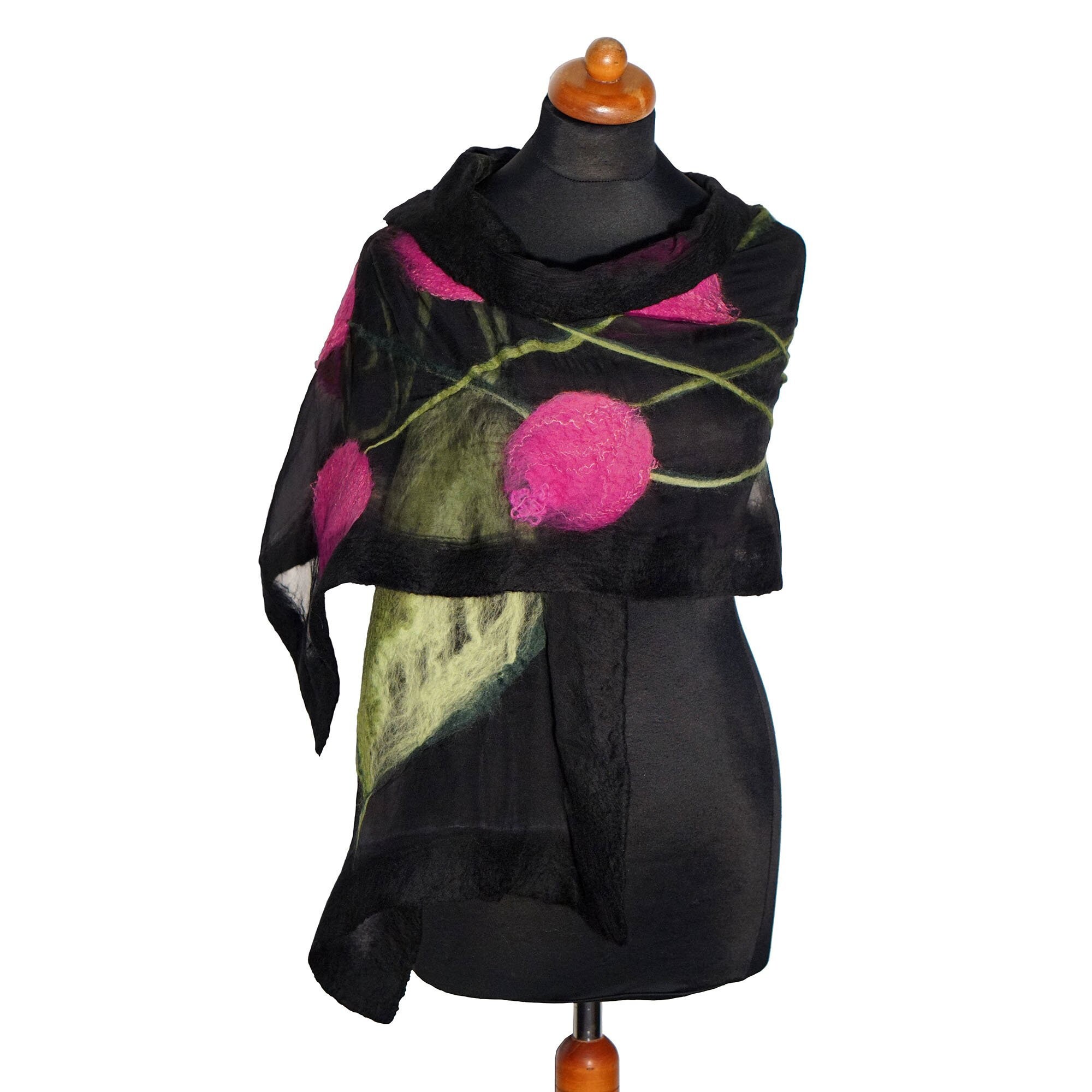 Silk Felt Spring Scarf With Tulips Nuno Felting Shawl Black - Etsy