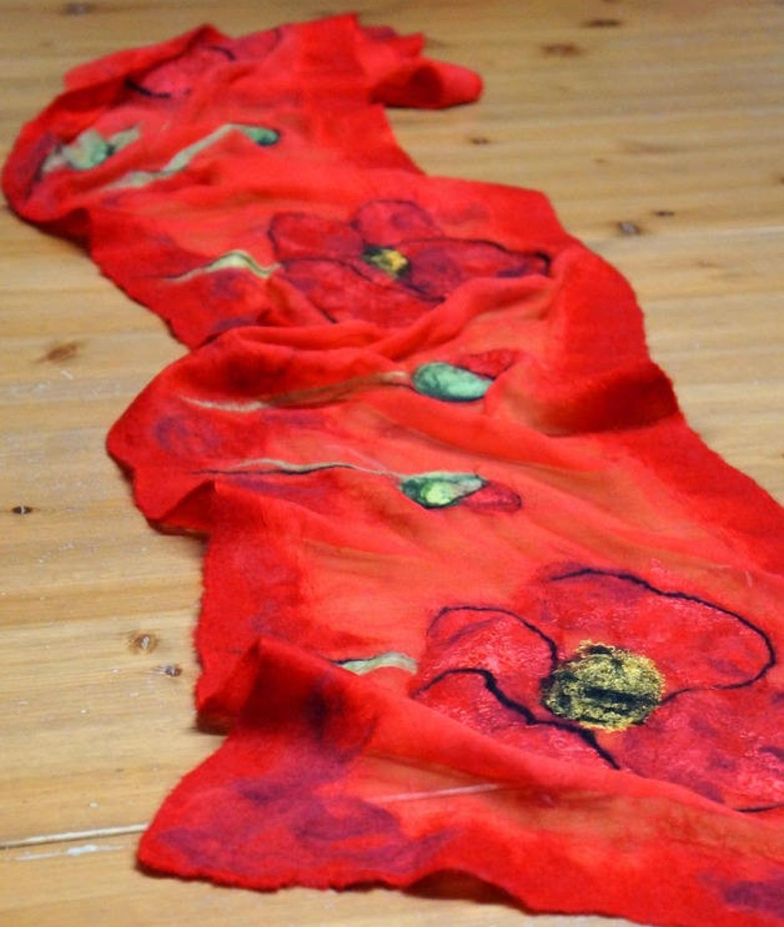 Felted Scarf, Silk Felt Shawl With Poppies, Nuno Felt Scarf, Felted ...