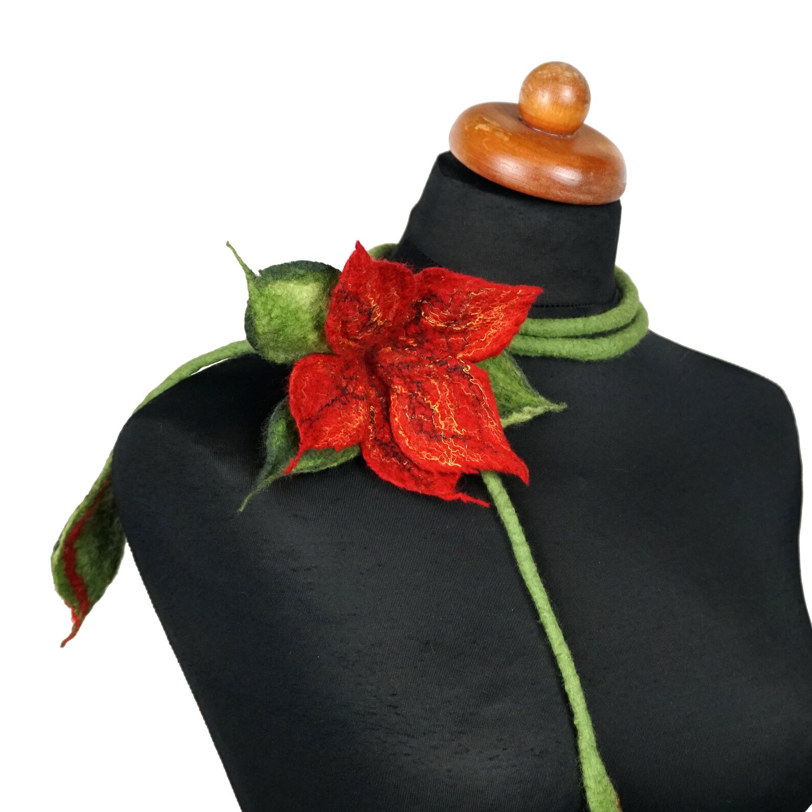 Red and green felt necklace felt necklace with duble flower | Etsy