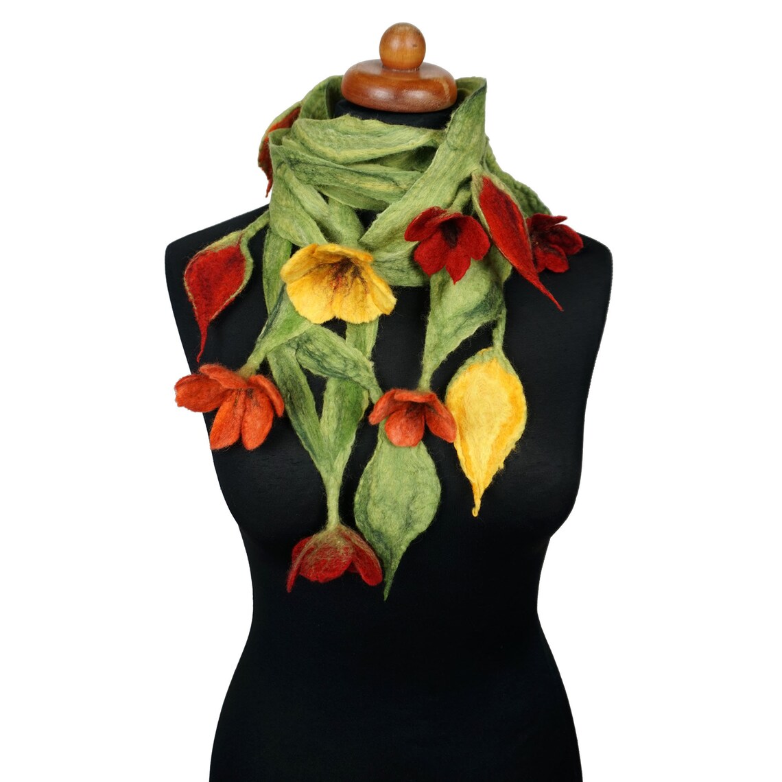 Openwork Felt Scarf With Flowers and Leaves Green Felted - Etsy