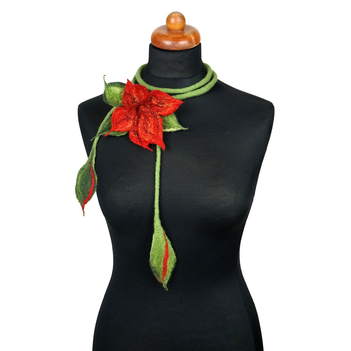 Red and green felt necklace felt necklace with duble flower | Etsy