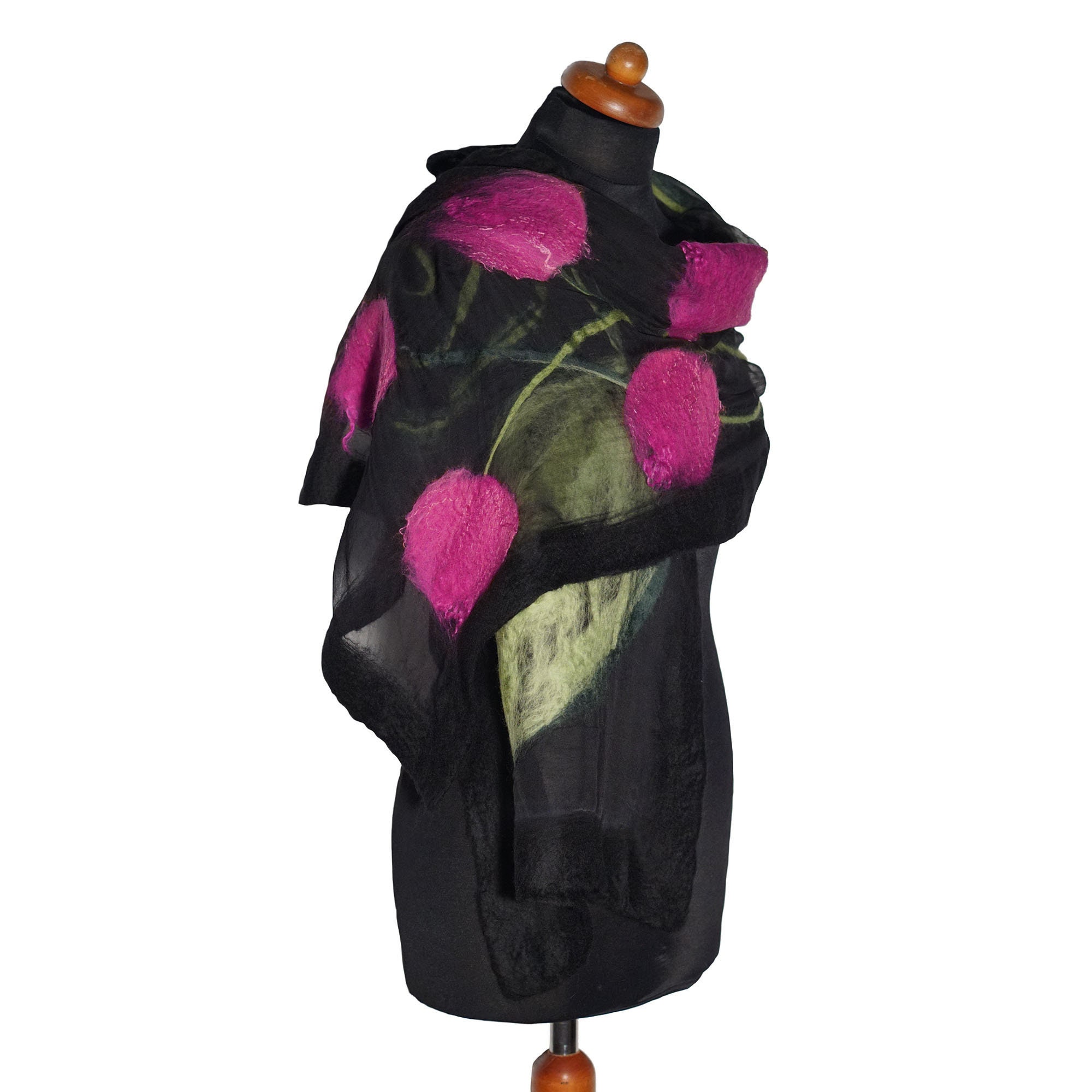 Silk Felt Spring Scarf With Tulips Nuno Felting Shawl Black - Etsy